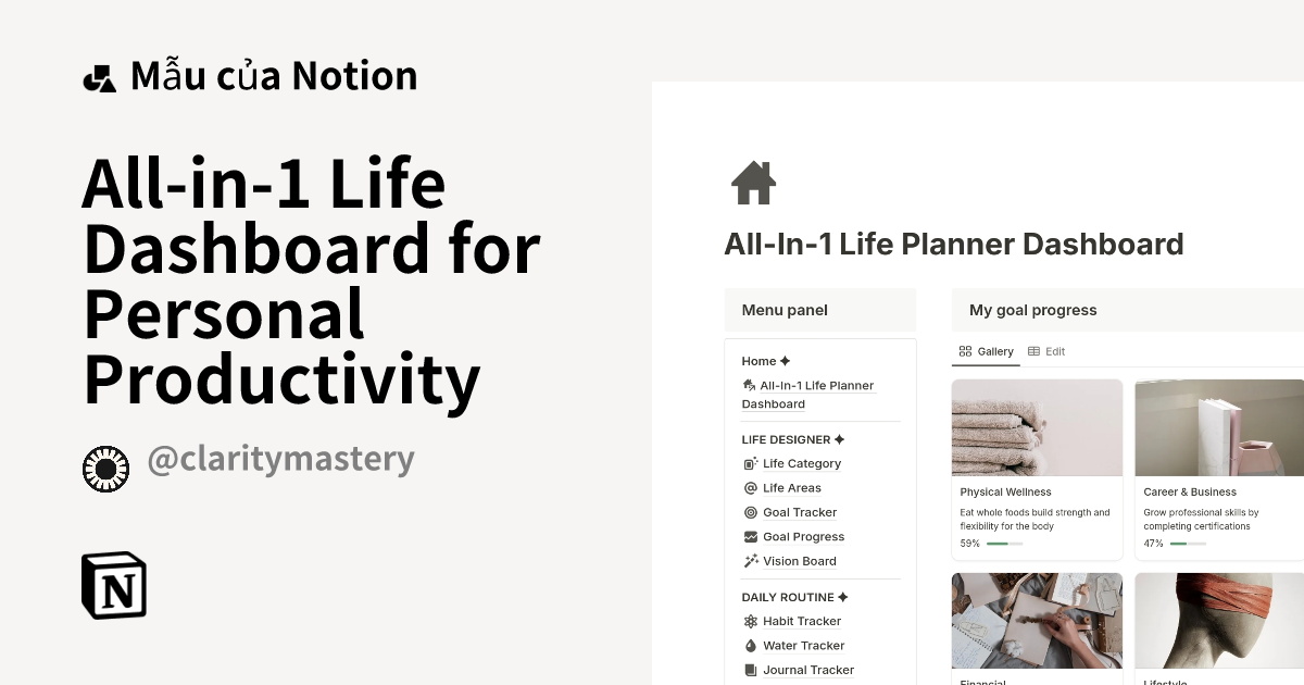 Mẫu All-in-1 Life Dashboard for Personal Productivity | Thị trường Notion