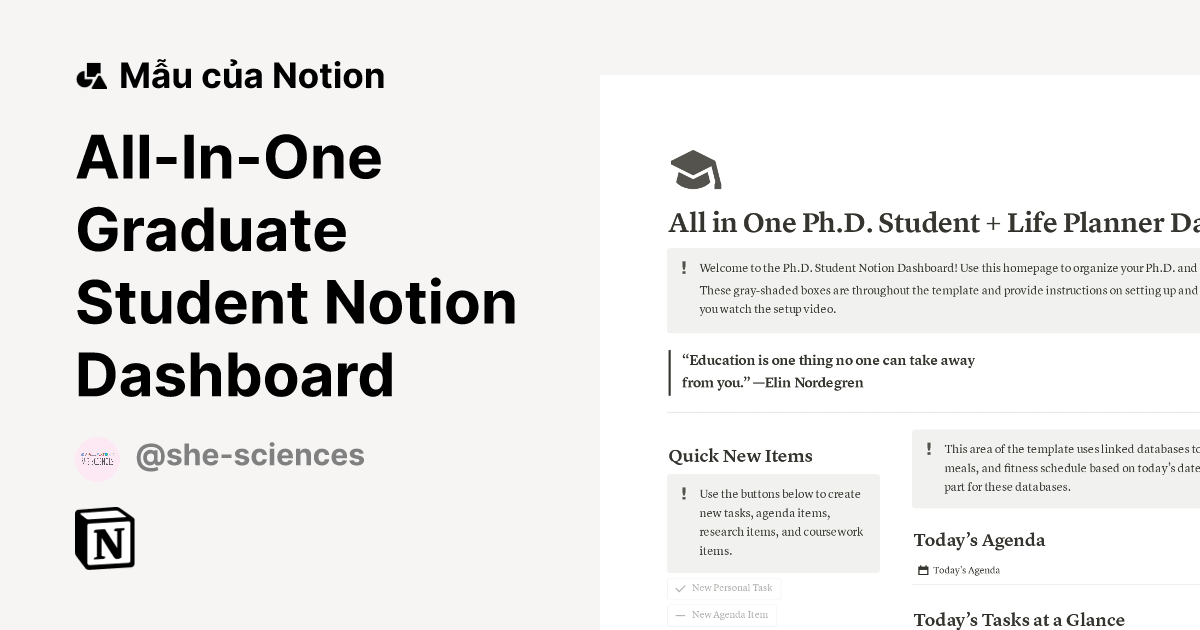 Mẫu All-In-One Graduate Student Notion Dashboard | Thị trường Notion