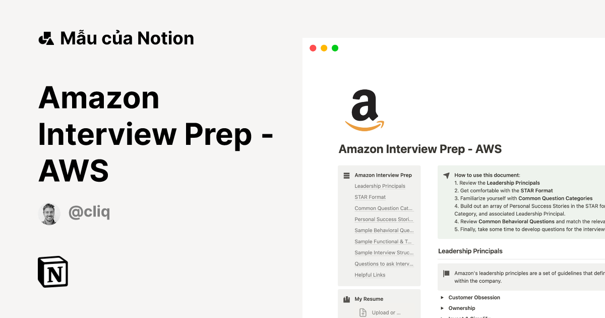 Amazon Interview Prep - AWS Mẫu do Stuart Sharpe tạo | Thị trường Notion