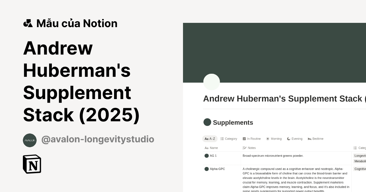 Mẫu Andrew Huberman's Supplement Stack (2025) | Thị trường Notion