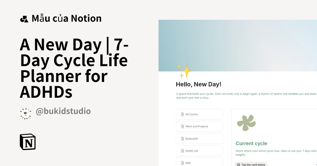 Mẫu A New Day | 7-Day Cycle Life Planner for ADHDs | Thị trường Notion