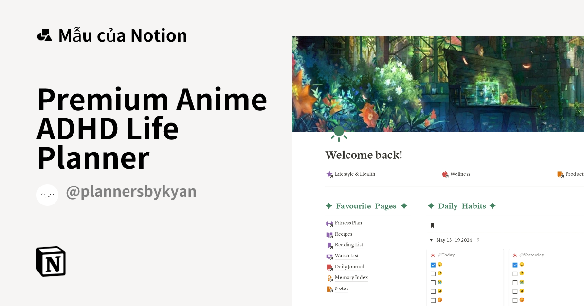 Mẫu Premium Anime ADHD Life Planner | Thị trường Notion