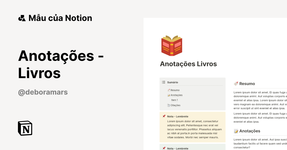 Anotações - Livros Mẫu do Debora Mars tạo | Thị trường Notion