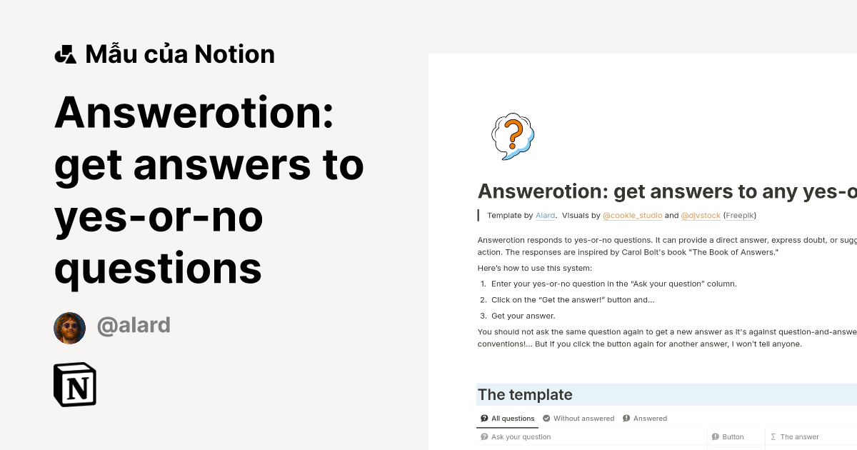 Answerotion: get answers to yes-or-no questions Mẫu do Alard tạo | Thị trường Notion