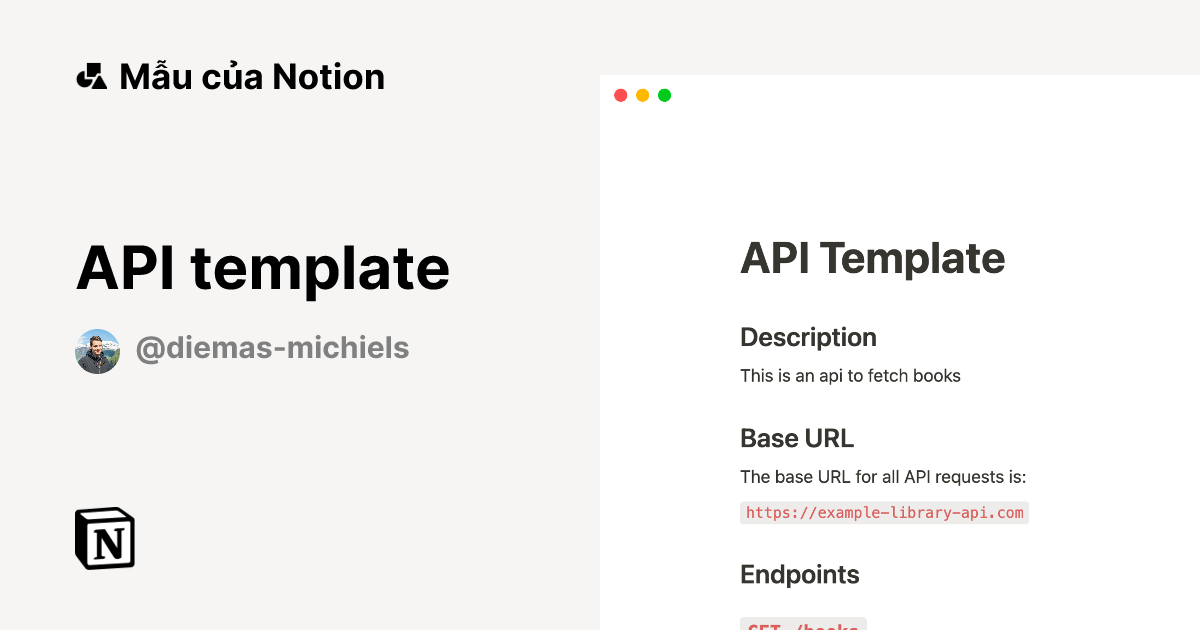 Mẫu API template | Thị trường Notion