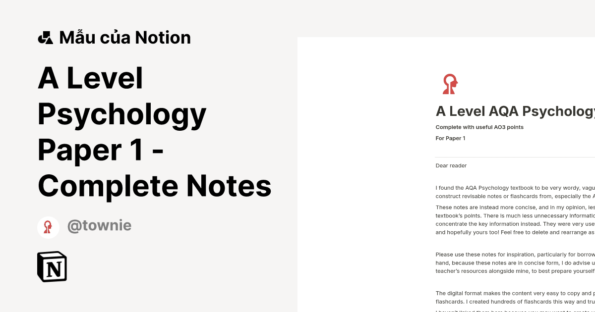 Mẫu A Level Psychology Paper 1 - Complete Notes | Thị trường Notion
