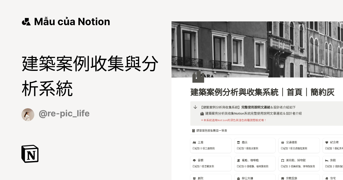 建築案例收集與分析系統 Mẫu do 皮邱Pichu｜Re-pic.Life｜來找一個能幫到自己的數位商品吧！ tạo | Thị trường Notion