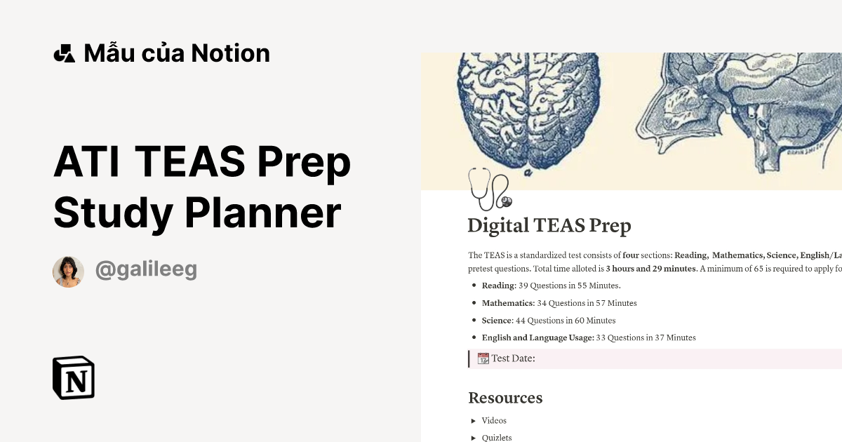 ATI TEAS Prep Study Planner Mẫu do Galilee tạo | Thị trường Notion