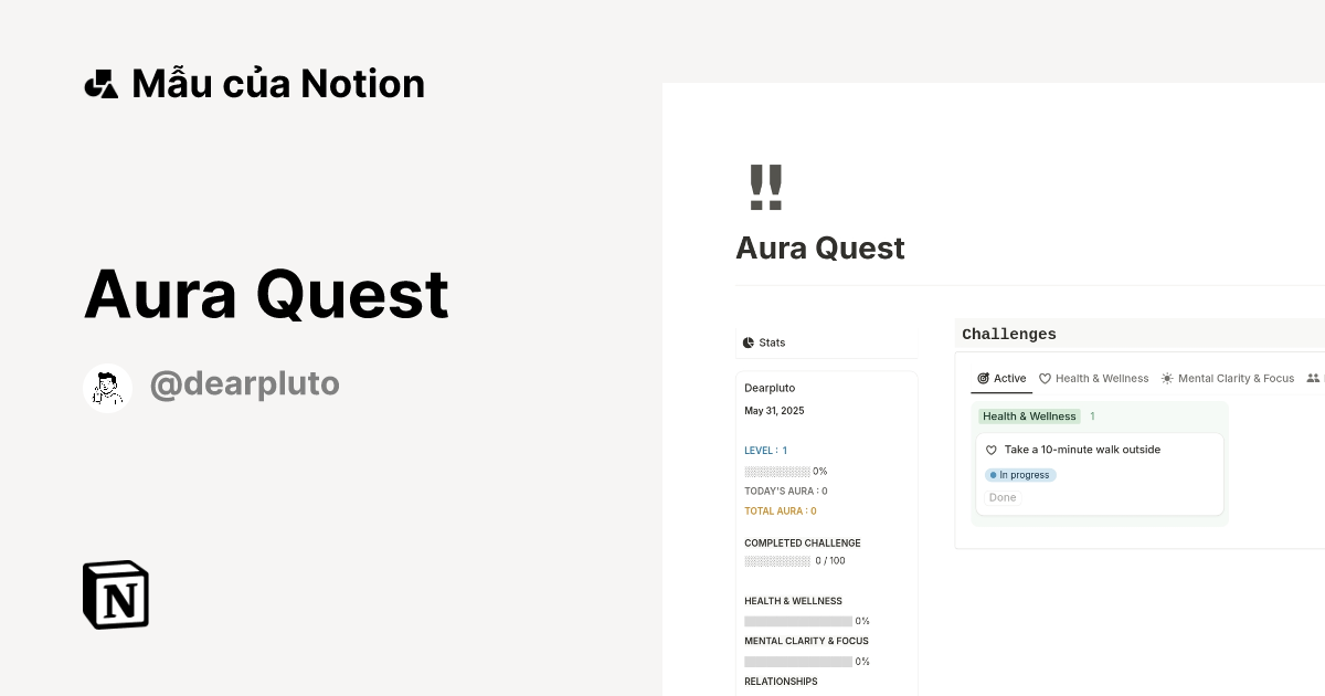 Aura Quest Mẫu do dearpluto tạo | Thị trường Notion