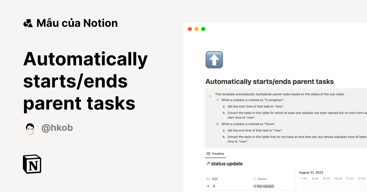 Automatically starts/ends parent tasks Mẫu do hkob (Hiroyuki KOBAYASHI) tạo | Thị trường Notion