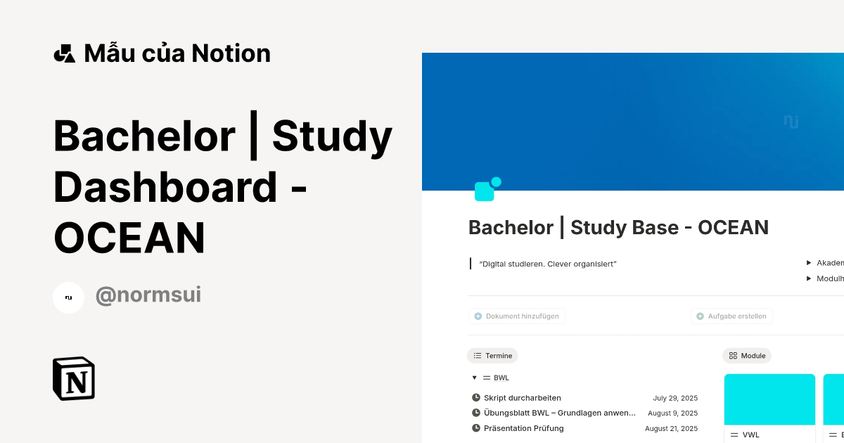 Mẫu Bachelor | Study Dashboard - OCEAN | Thị trường Notion