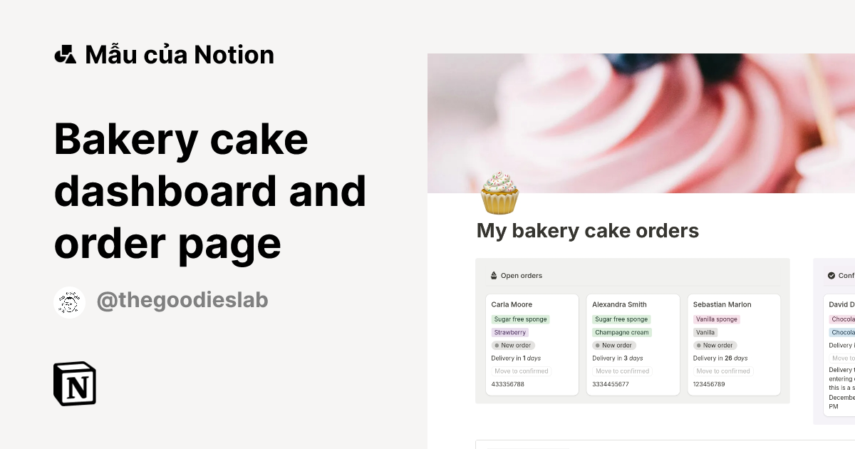 Mẫu Bakery cake dashboard and order page | Thị trường Notion