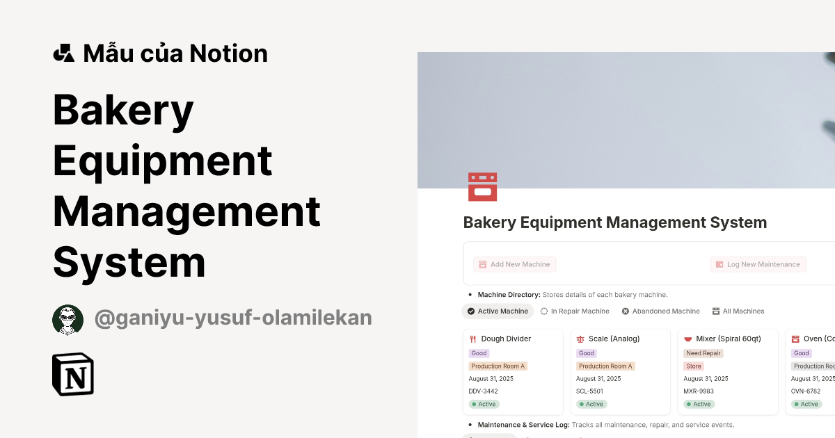 Mẫu Bakery Equipment Management System | Thị trường Notion