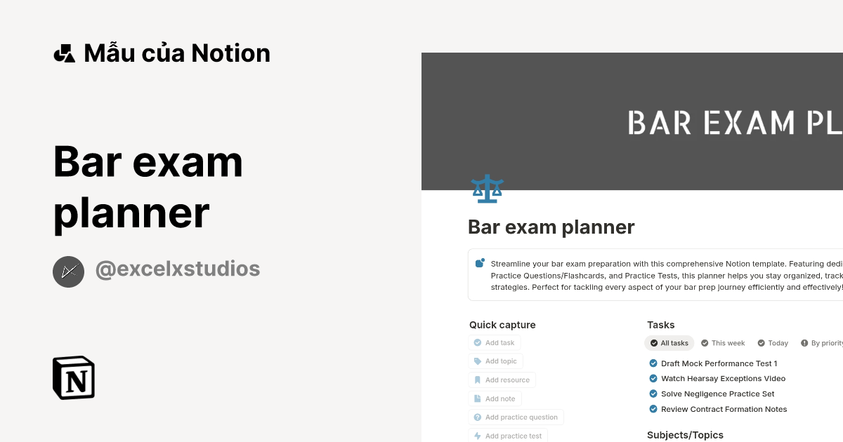 Mẫu Bar exam planner | Thị trường Notion