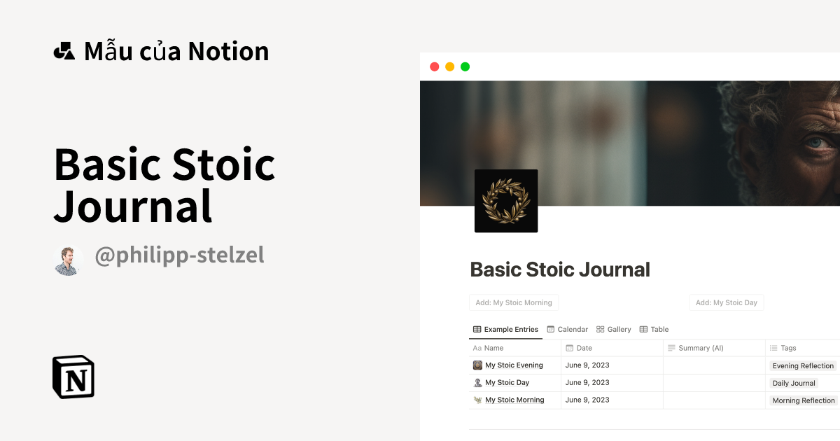 Basic Stoic Journal Mẫu do Philipp Stelzel tạo | Thị trường Notion