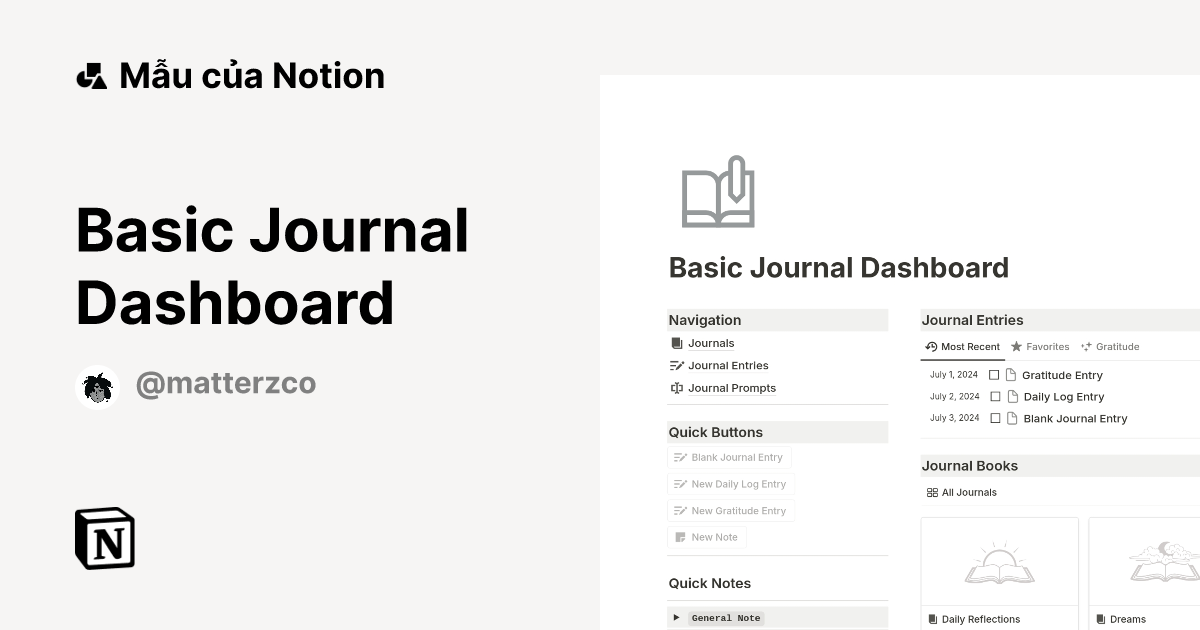 Basic Journal Dashboard Mẫu do Matterz Co. tạo | Thị trường Notion