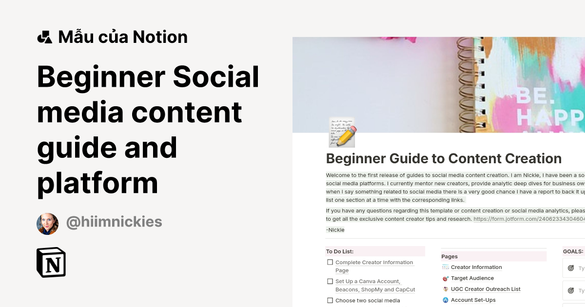 Mẫu Beginner Social media content guide and platform | Thị trường Notion