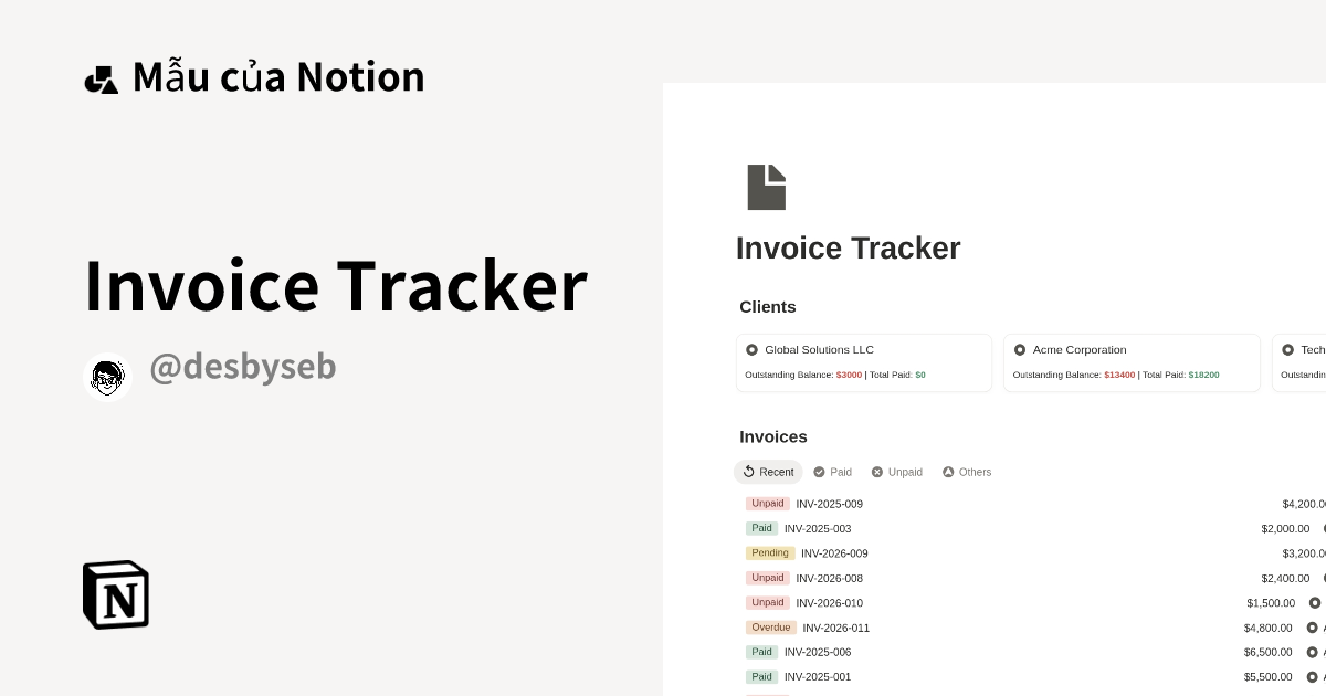 Invoice Tracker Mẫu do desbyseb tạo | Thị trường Notion