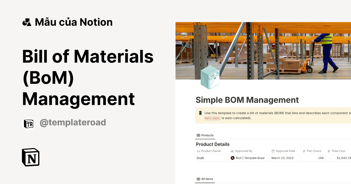 Mẫu Bill of Materials (BoM) Management | Thị trường Notion