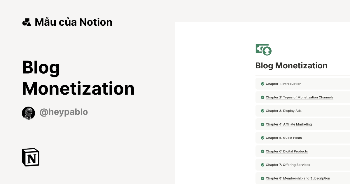 Mẫu Blog Monetization | Thị trường Notion