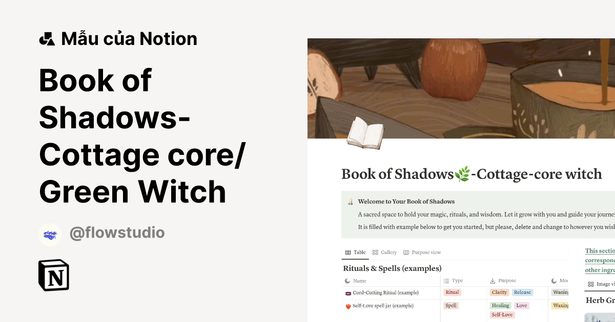 Book of Shadows-Cottage core/Green Witch Mẫu do flowstudio tạo | Thị trường Notion