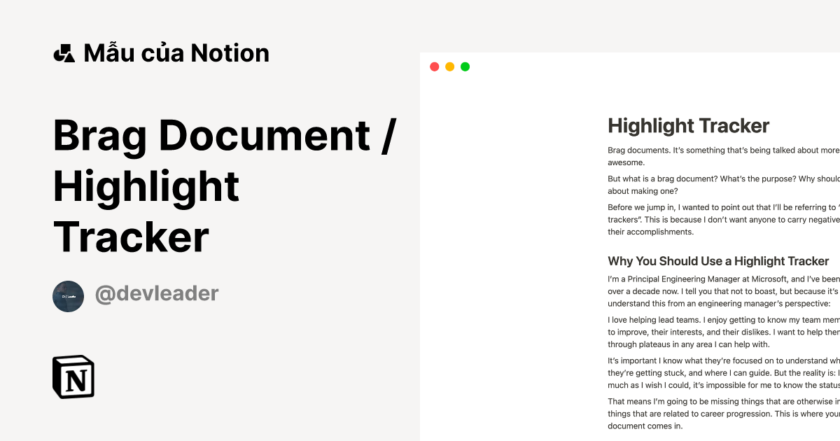 Brag Document / Highlight Tracker Mẫu do Dev Leader tạo | Thị trường Notion