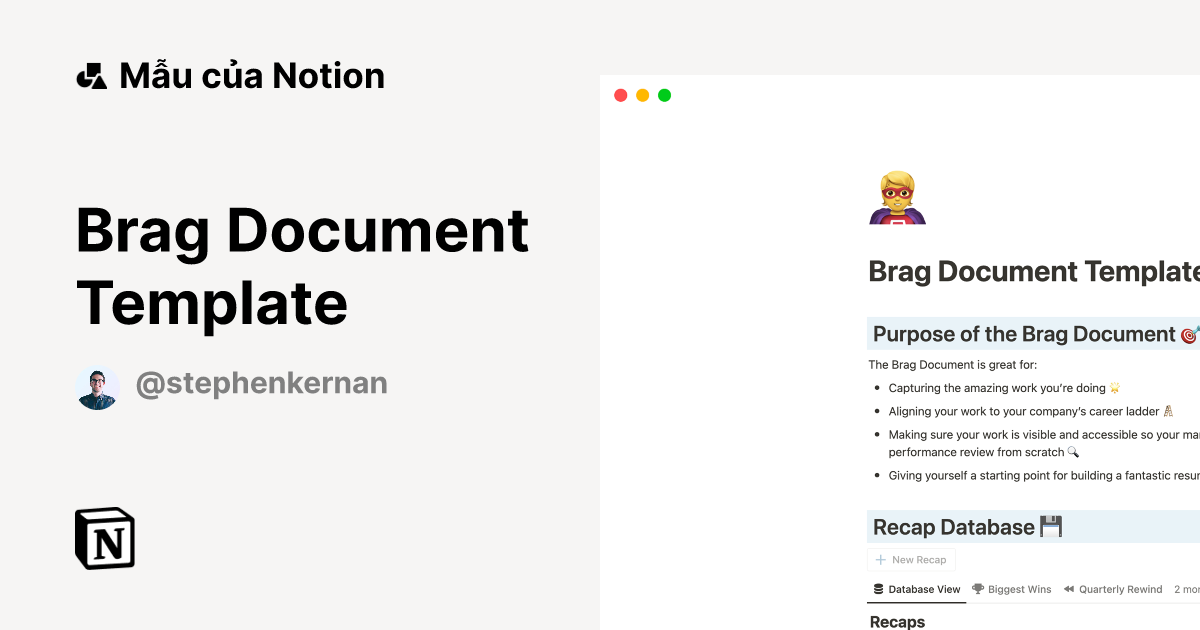 Brag Document Template Mẫu do stephen kernan tạo | Thị trường Notion