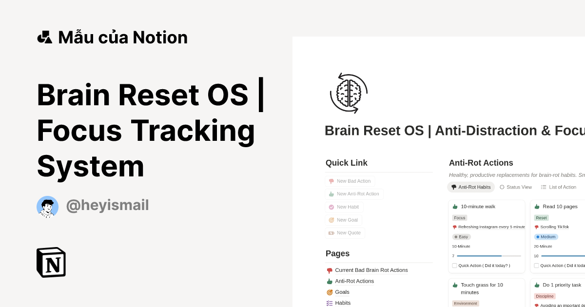 Mẫu Brain Reset OS | Focus Tracking System | Thị trường Notion
