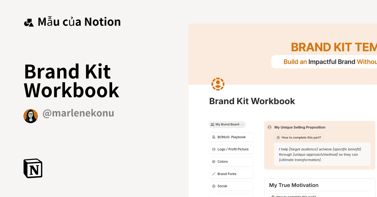 Brand Kit Workbook Mẫu do Marlene Konu tạo | Thị trường Notion
