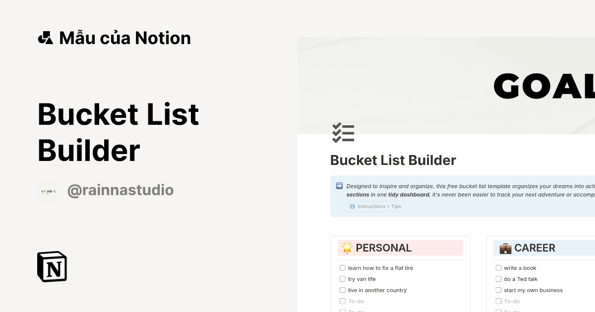 Mẫu Bucket List Builder | Thị trường Notion