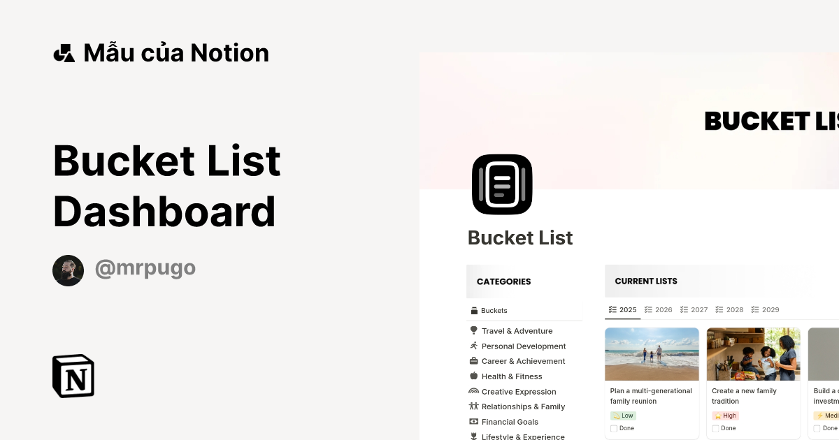 Bucket List Dashboard Mẫu do mrpugo tạo | Thị trường Notion