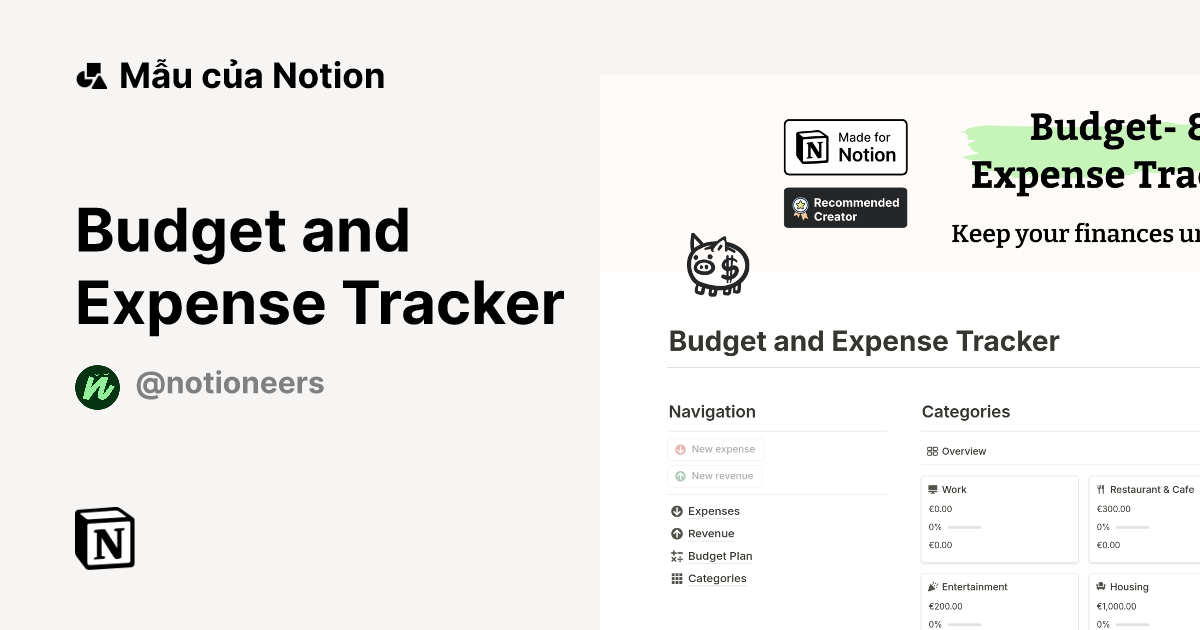 Budget and Expense Tracker Mẫu do Notioneers tạo | Thị trường Notion