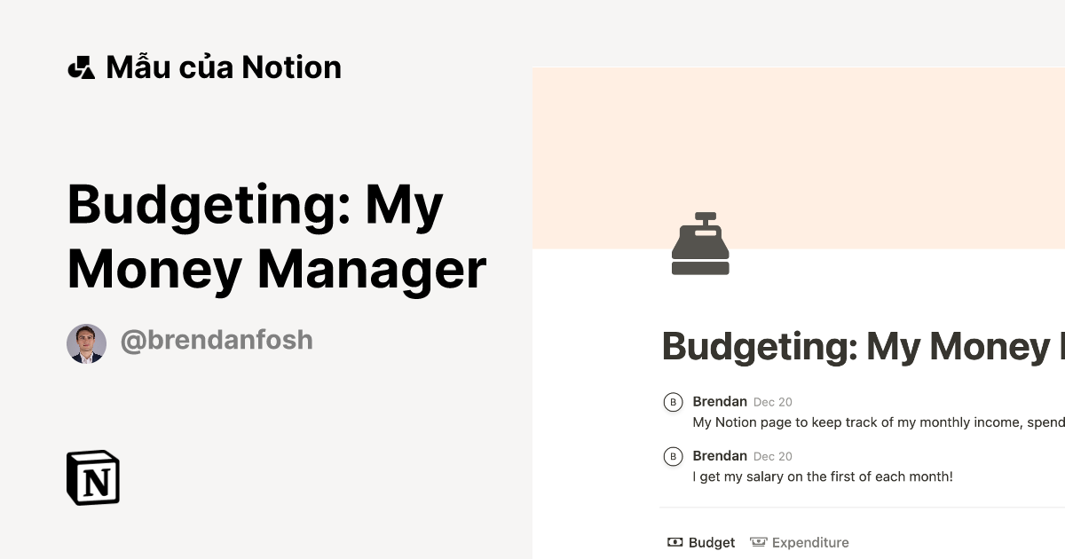 Budgeting: My Money Manager Mẫu do Brendan Fosh tạo | Thị trường Notion