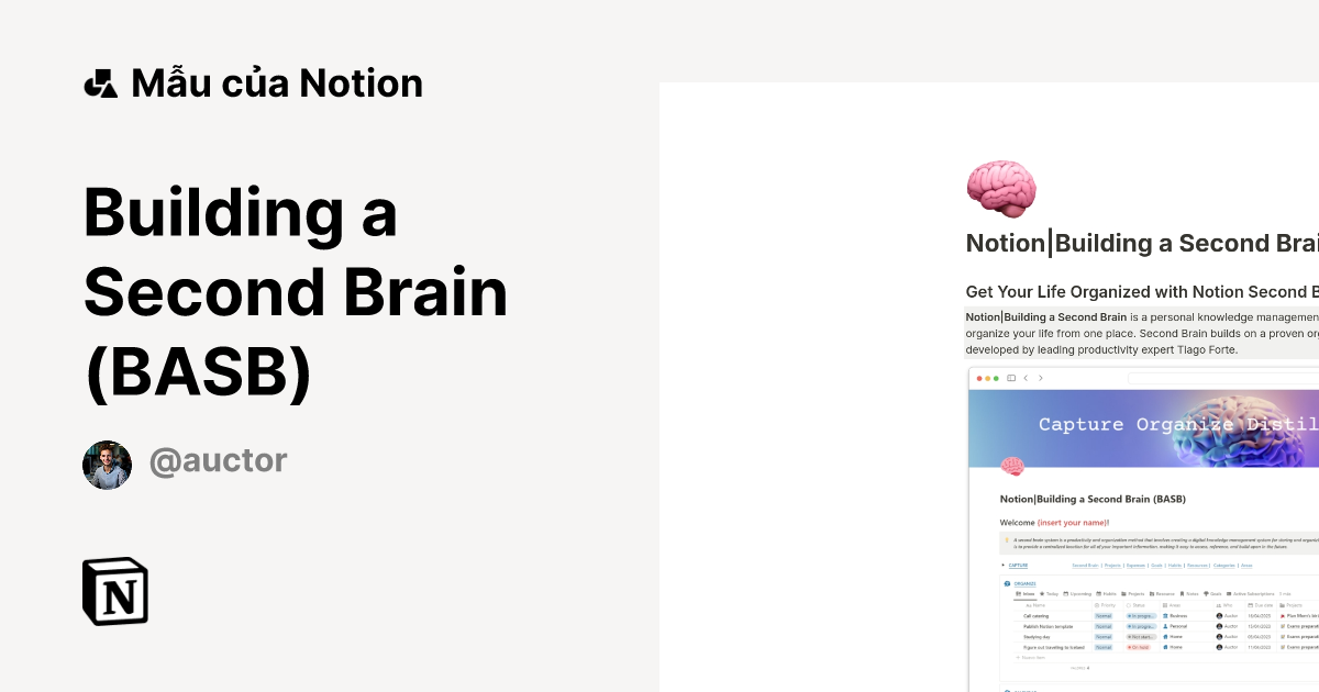 Building a Second Brain (BASB) Mẫu do Auctor tạo | Thị trường Notion