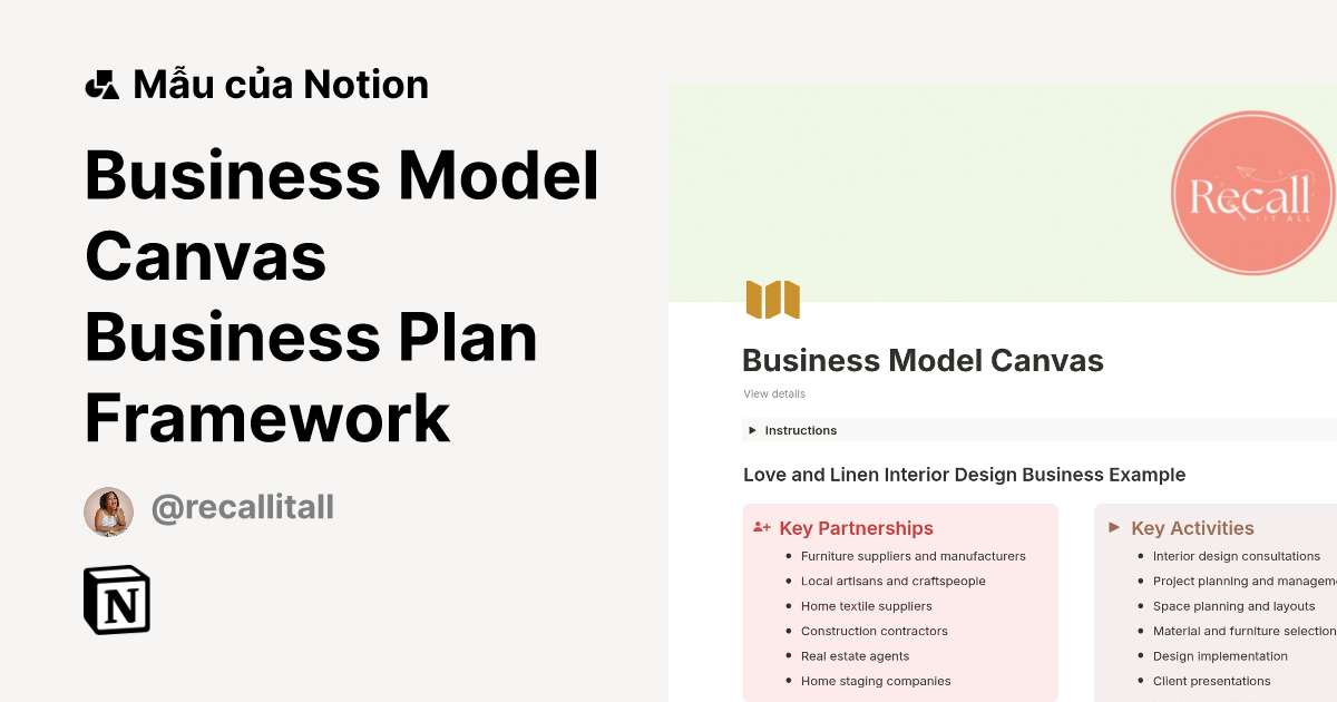 Business Model Canvas Business Plan Framework Mẫu do Recall It All tạo | Thị trường Notion