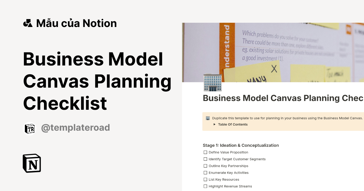 Mẫu Business Model Canvas Planning Checklist | Thị trường Notion