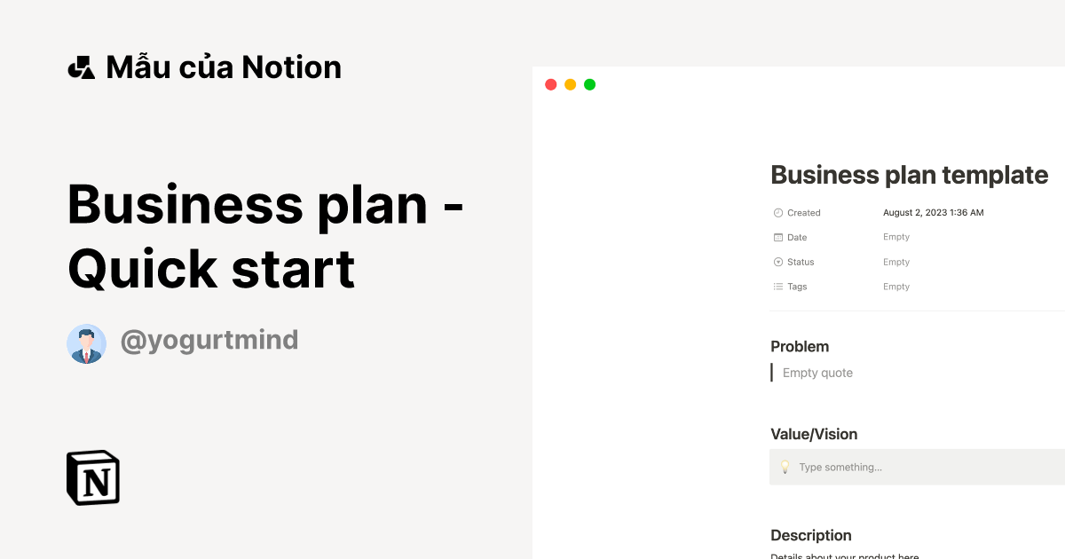 Mẫu Business plan - Quick start | Thị trường Notion