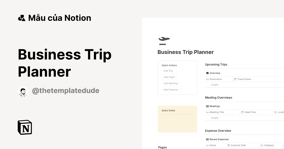 Mẫu Business Trip Planner | Thị trường Notion