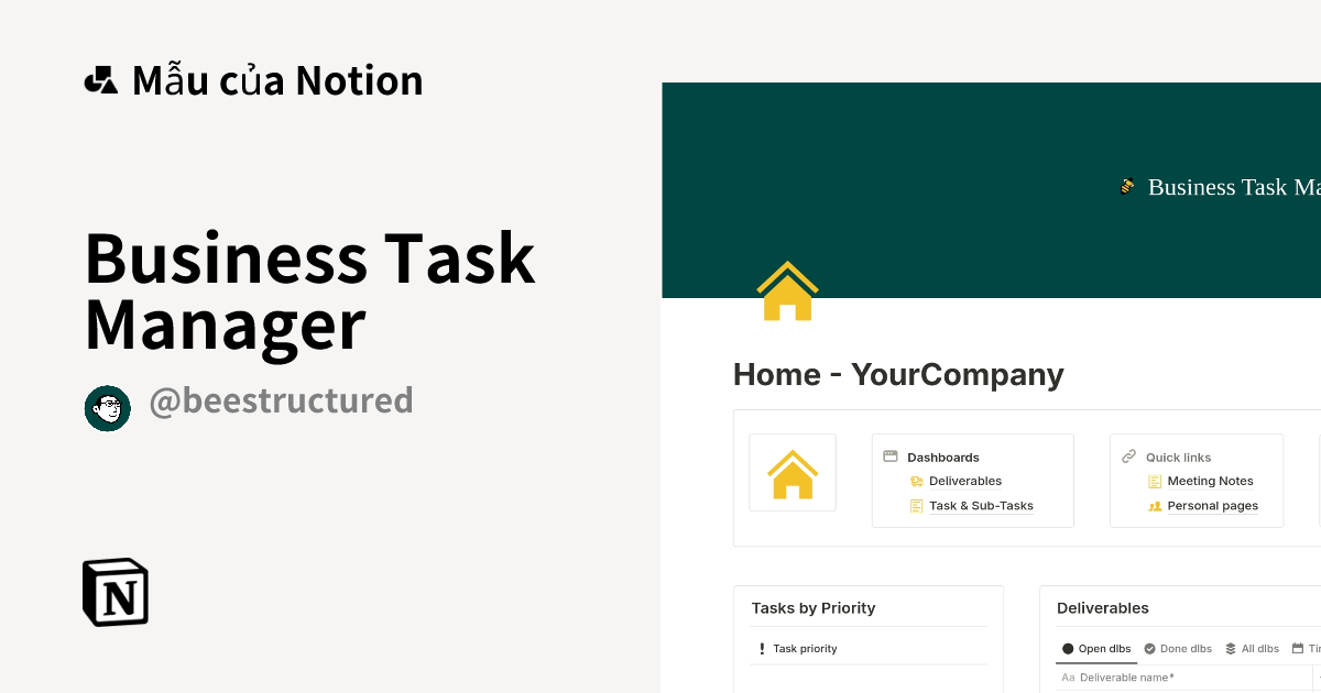 Mẫu Business Task Manager | Thị trường Notion