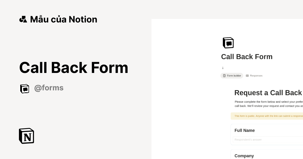 Mẫu Call Back Form | Thị trường Notion