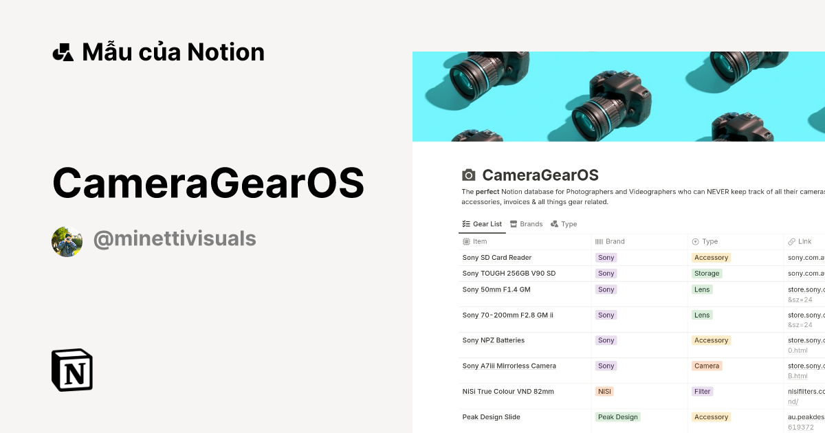 Mẫu CameraGearOS | Thị trường Notion