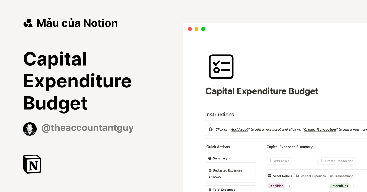 Capital Expenditure Budget Mẫu do theaccountantguy | FinanceGuy tạo | Thị trường Notion
