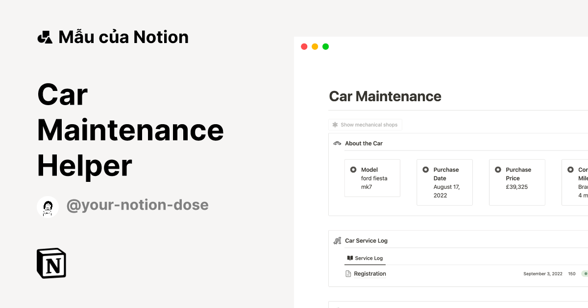Car Maintenance Helper Mẫu do Your Notion Dose tạo | Thị trường Notion