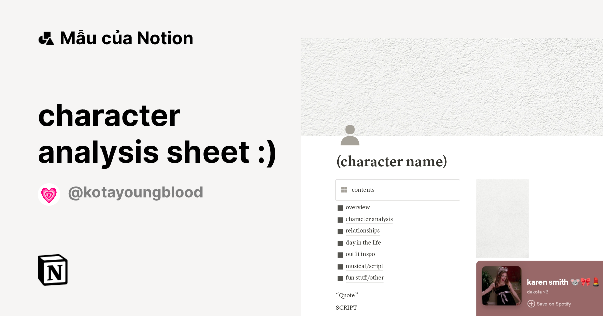 character analysis sheet :) Mẫu do kota tạo | Thị trường Notion