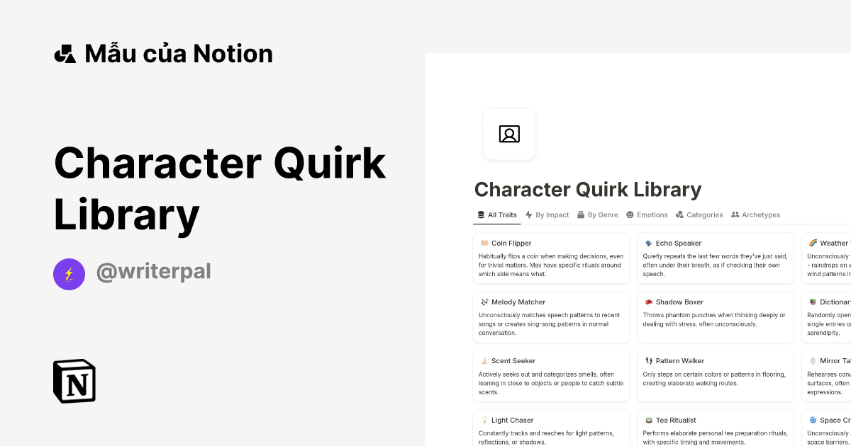 Mẫu Character Quirk Library | Thị trường Notion