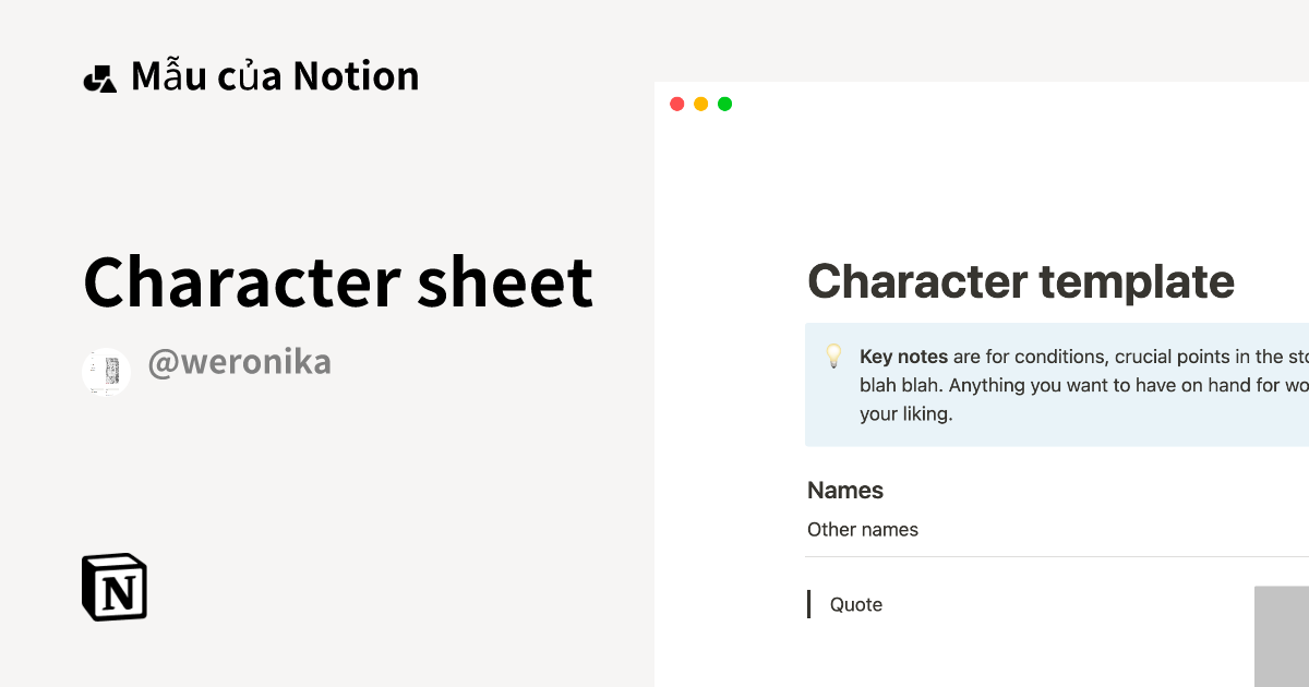 Character sheet Mẫu do Weronika tạo | Thị trường Notion