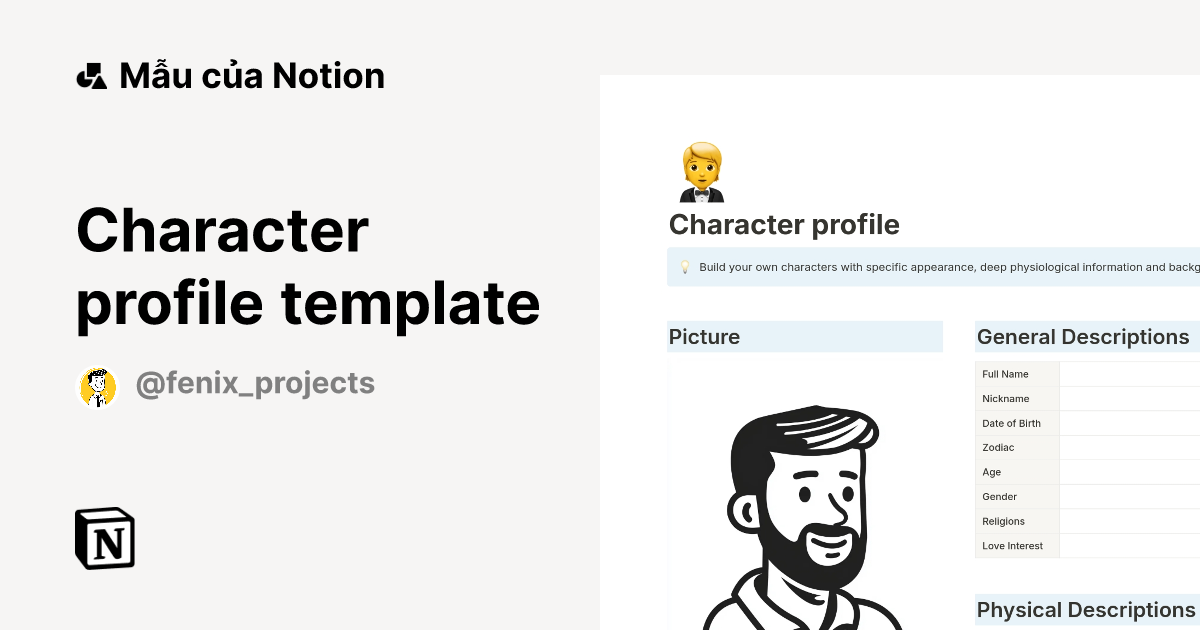 Character profile template Mẫu do Fenix Projects tạo | Thị trường Notion