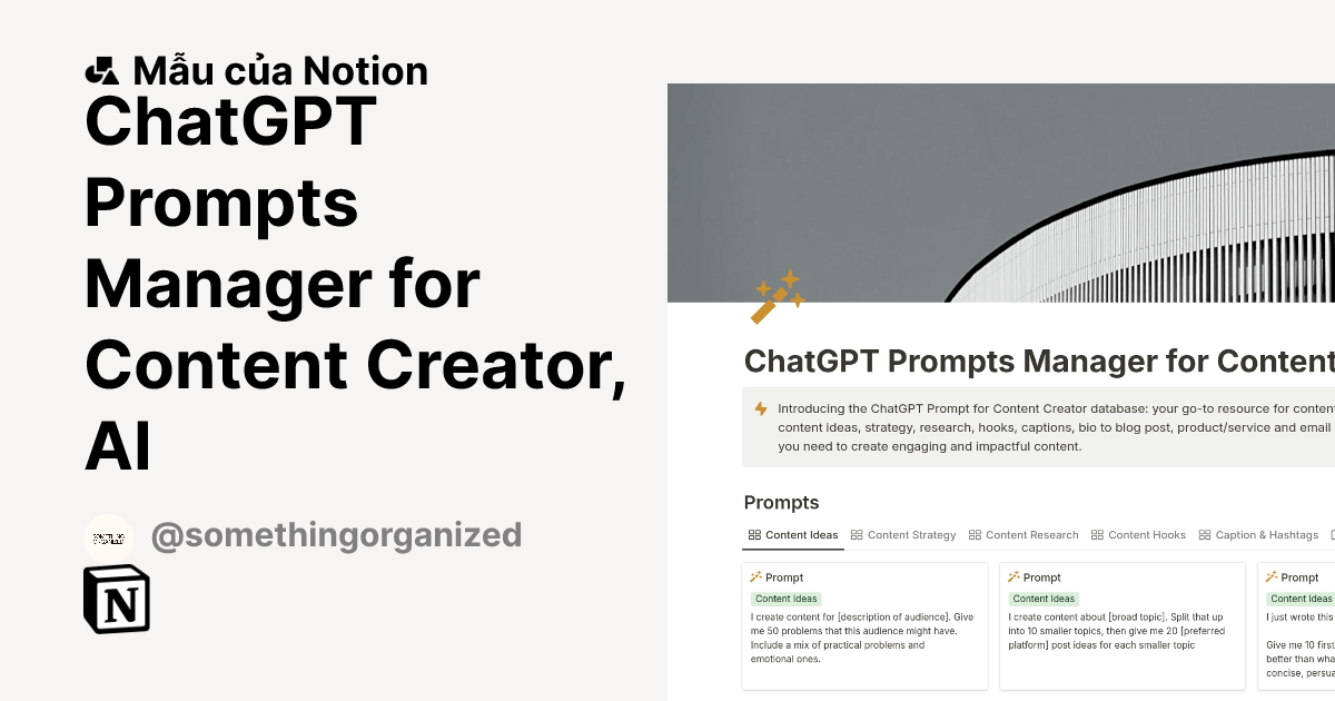 Mẫu ChatGPT Prompts Manager for Content Creator, AI | Thị trường Notion