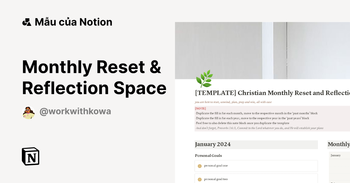 Monthly Reset & Reflection Space Mẫu do WorkWithKowa tạo | Thị trường Notion