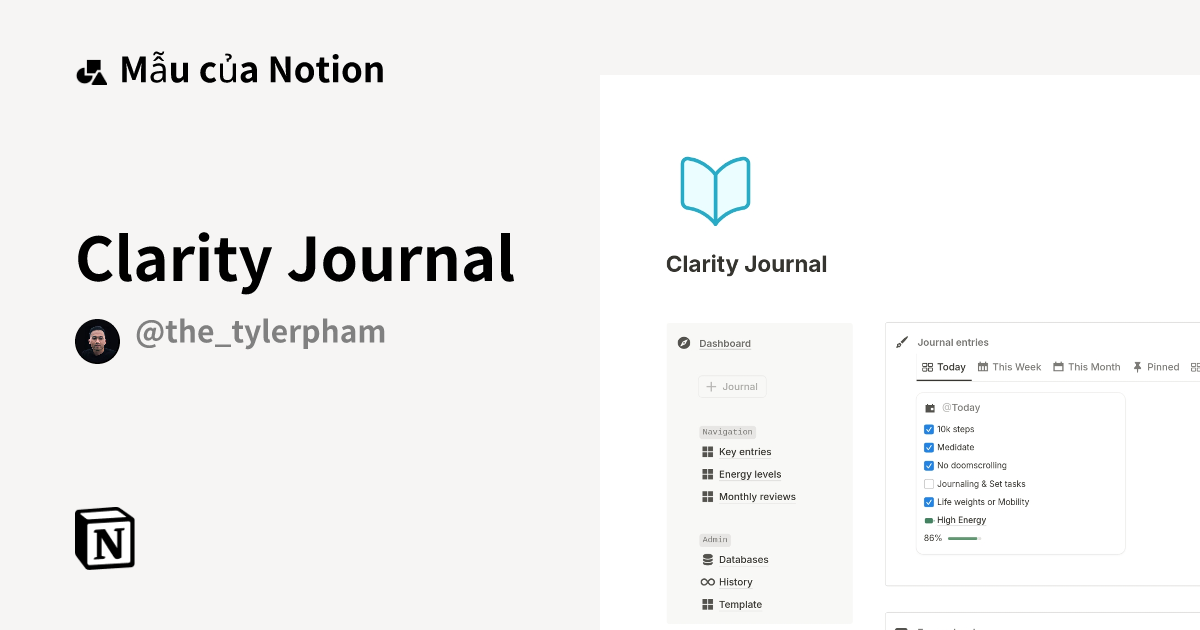Clarity Journal Mẫu do Tyler Pham tạo | Thị trường Notion